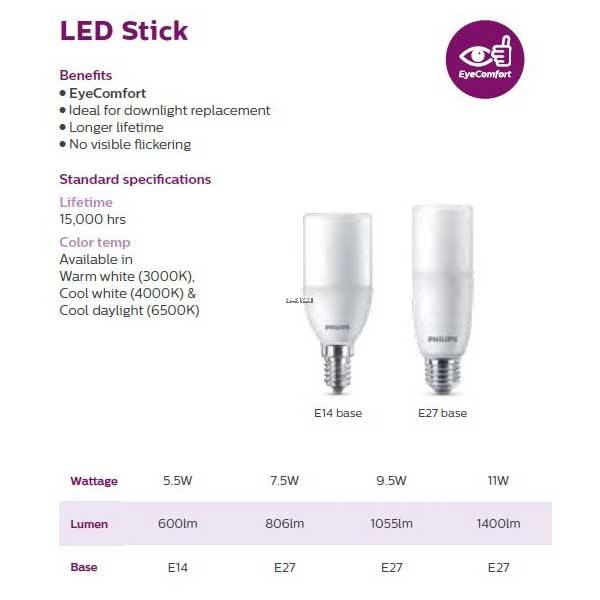 PHILIPS DLSTICK 11W E27 3000K 1PF/12 WARM WHITE