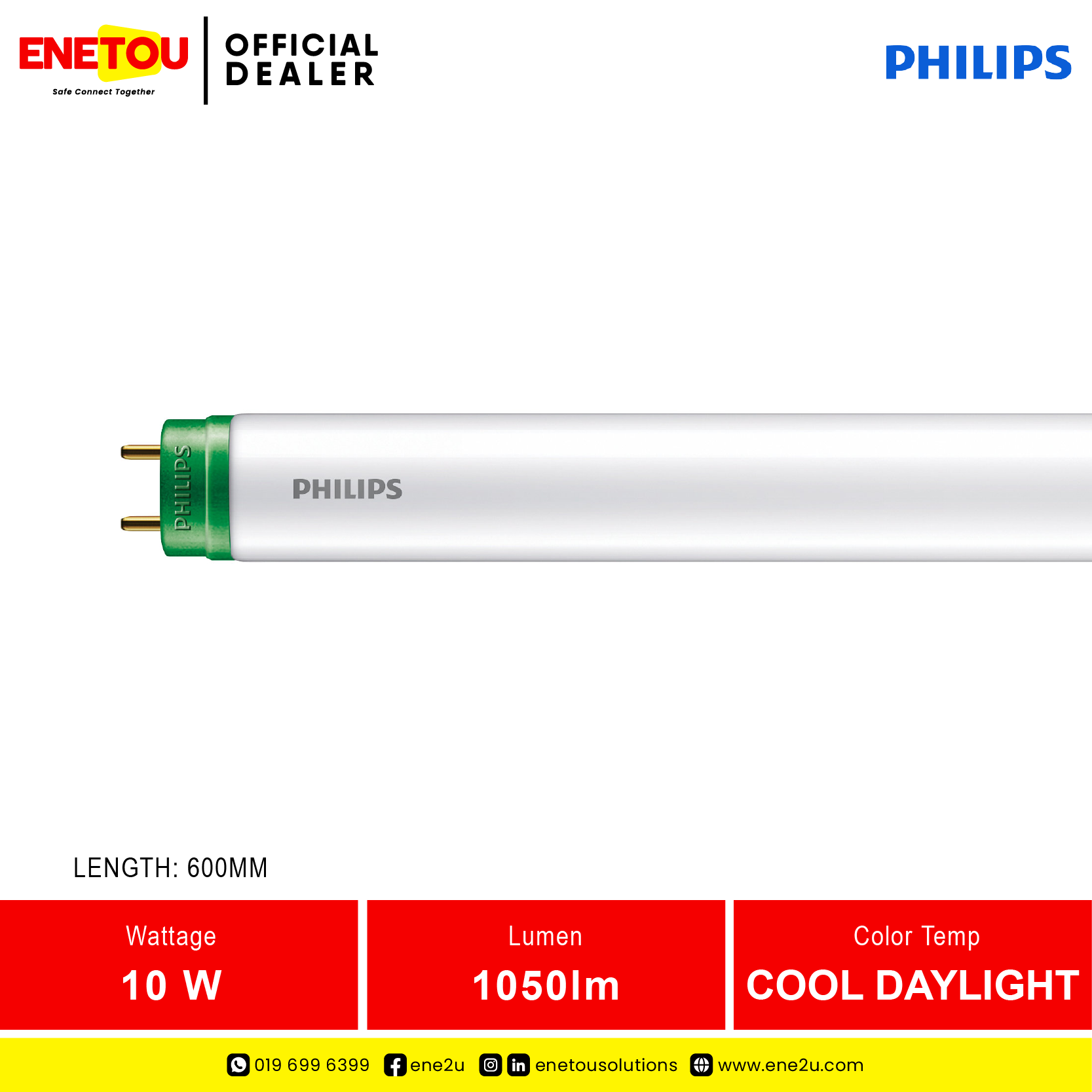 [1CTN/10PCS] PHILIPS LED TUBE 600MM HO 10W 765 T8 AP COOL DAYLIGHT